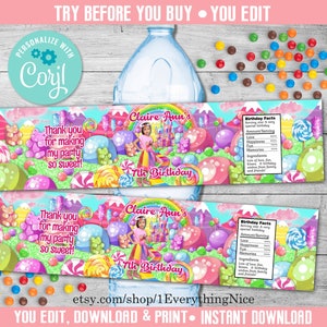 Editable DIGITAL DOWNLOAD Candyland Candy Land Birthday Party Water ...