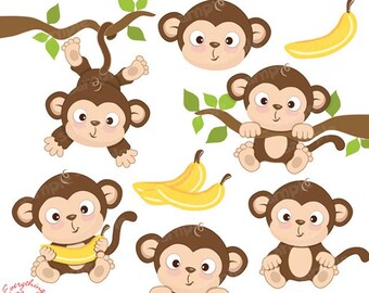 Cute Little Monkey Monkeys Happy Fun Graphic Illustration Clipart Set ...