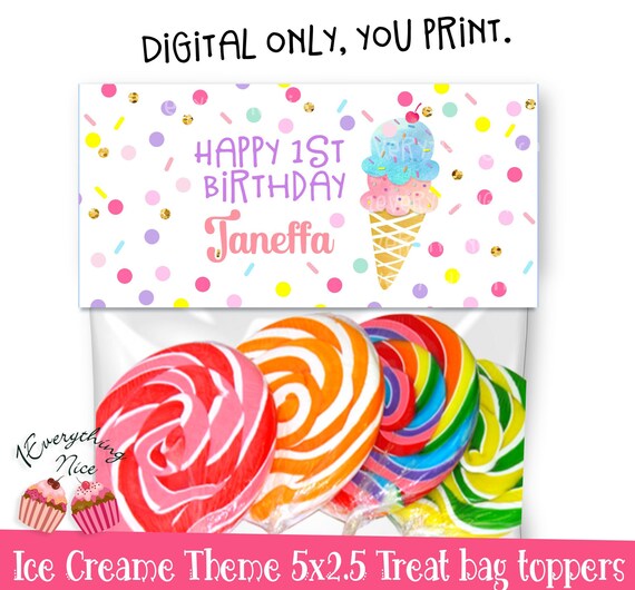 DIGITAL DOWNLOAD Ice Cream Birthday Treat Bag Toppers Labels Digital ...
