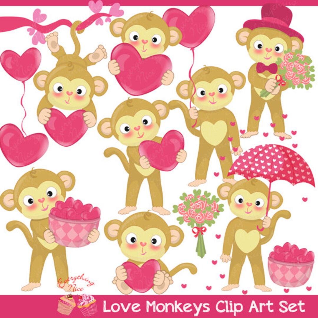 Love Valentine Monkeys Clipart Set - Etsy