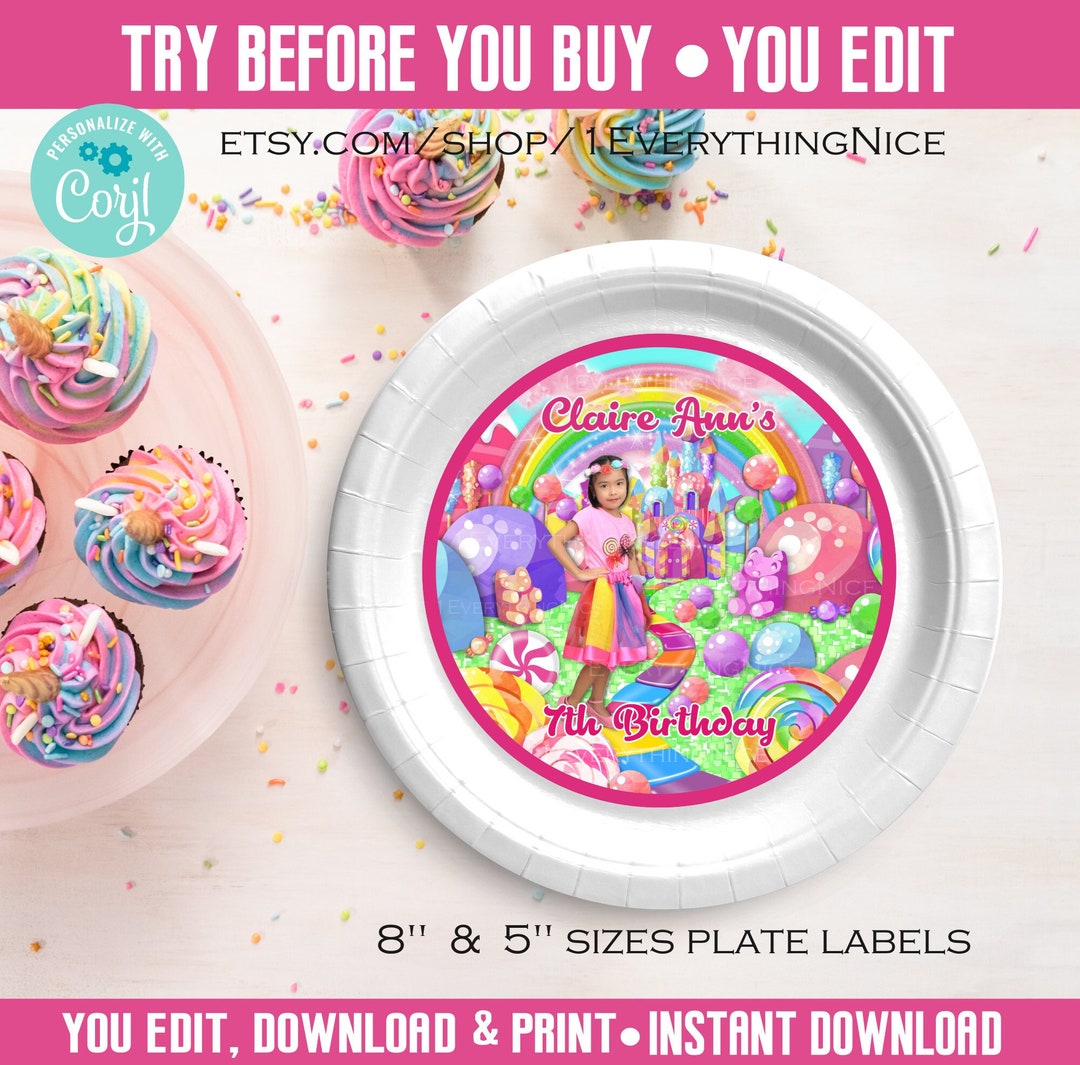 8" & 5" Plate Labels Candy Land Candyland Theme | Editable Instant ...