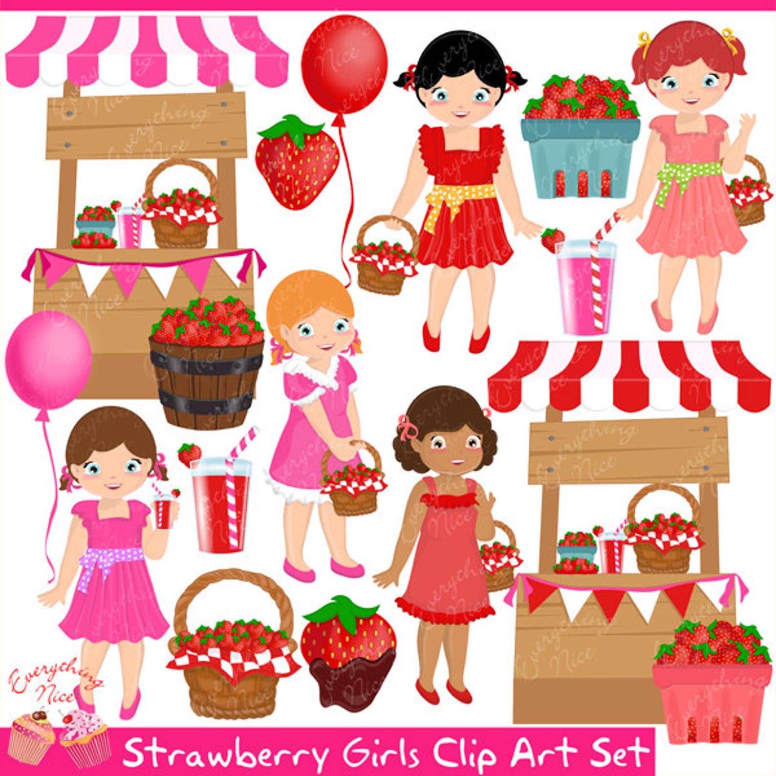 Strawberry Girls Clipart Set - Etsy