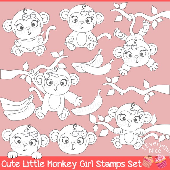 Cute Little Monkey Girl Gray Stamps Clipart Set by 1Everything Nice ...