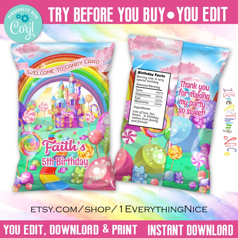 Editable DIGITAL DOWNLOAD Candy Land Candyland Theme Chip Bag Labels ...