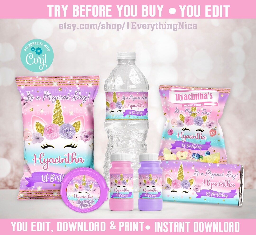 Magical Unicorn Birthday Party Favors Wrappers and Labels Bundle Set 2 ...