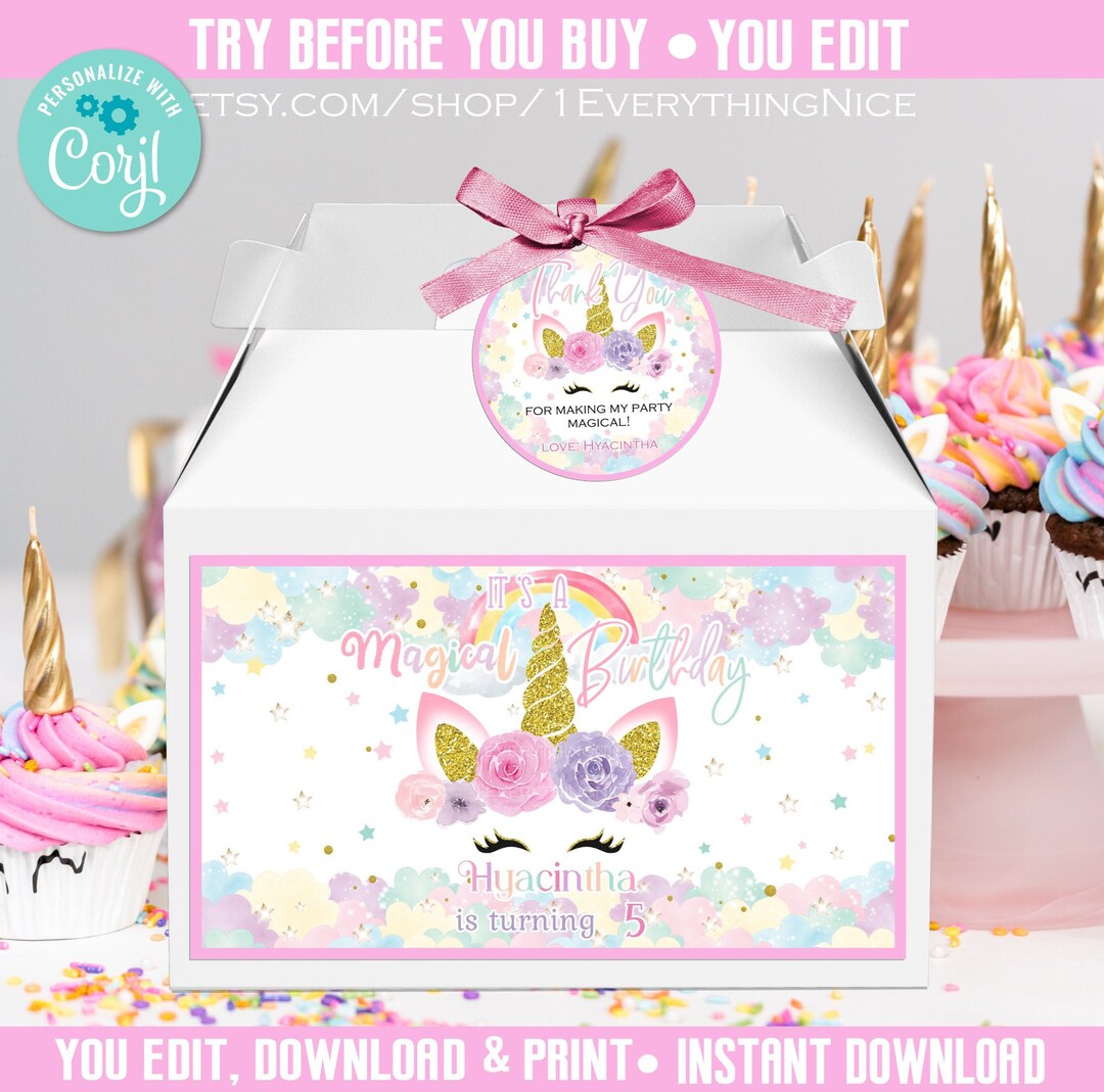 Pastel Editable DIGITAL Instant DOWNLOAD Magical Unicorn Theme 5.75 X 3 ...