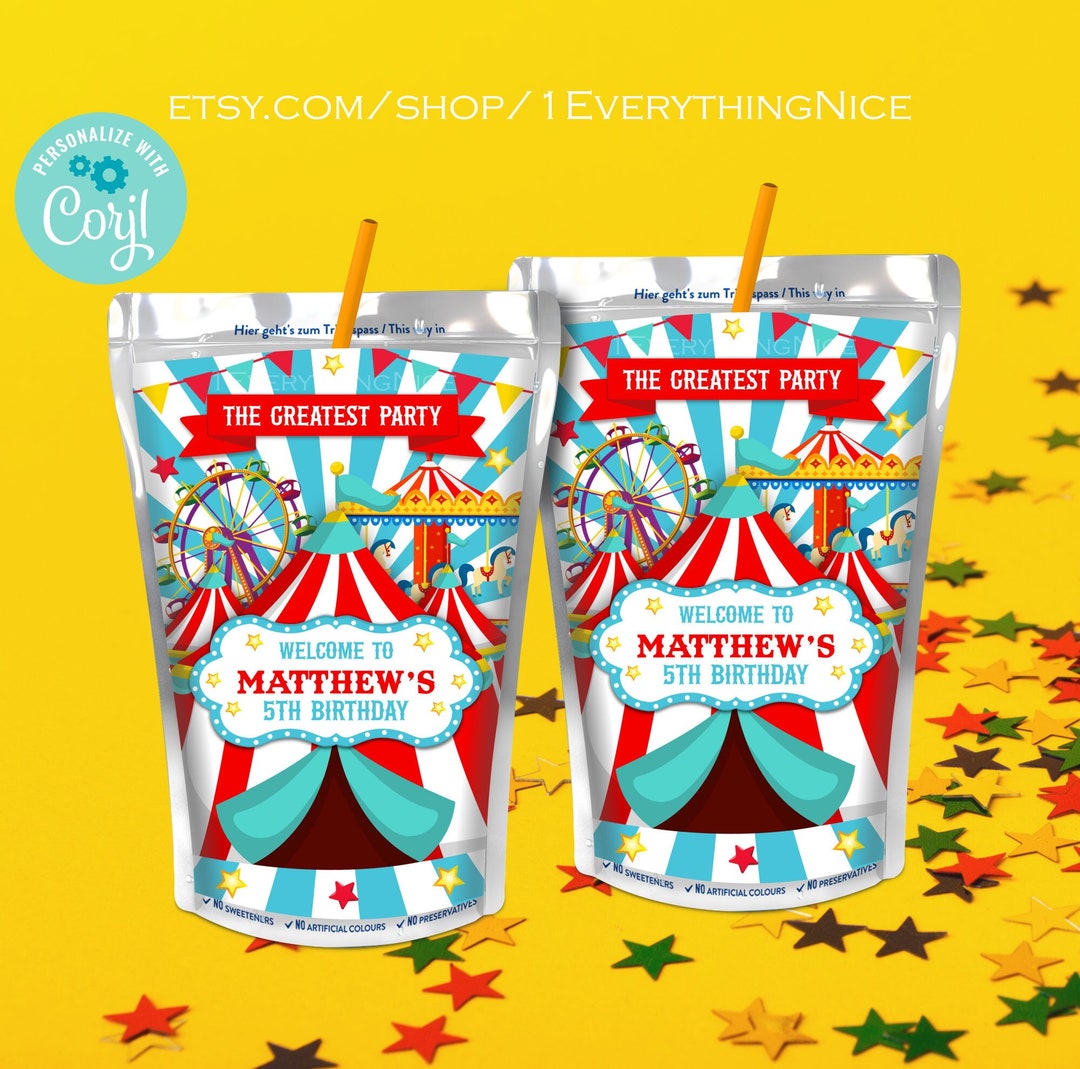 Carnival Circus Editable Juice Label Digital DOWNLOAD Template Birthday ...