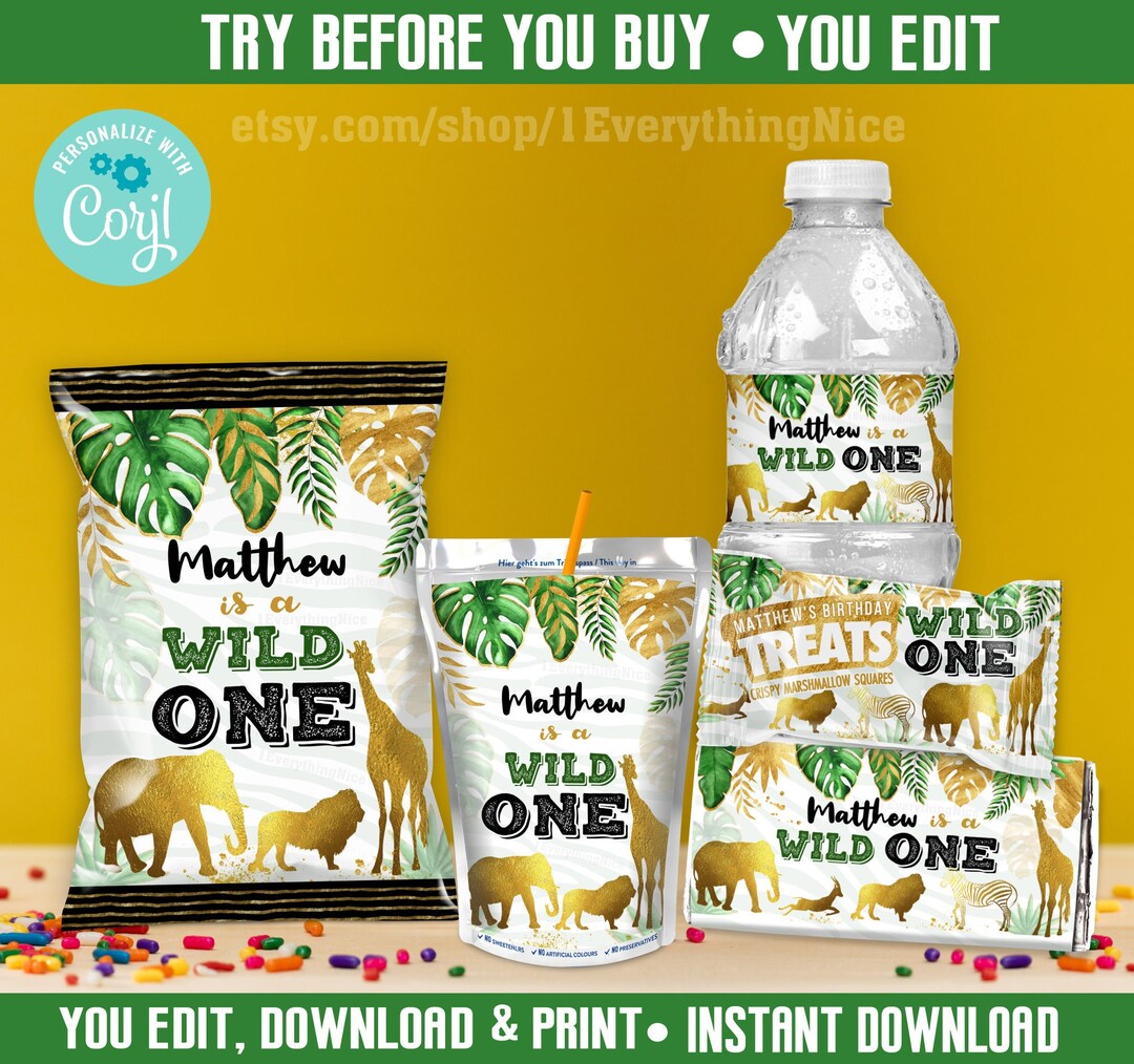 Wild One Safari Animals Gold Green Theme Bundle Set 2 Birthday Digital ...