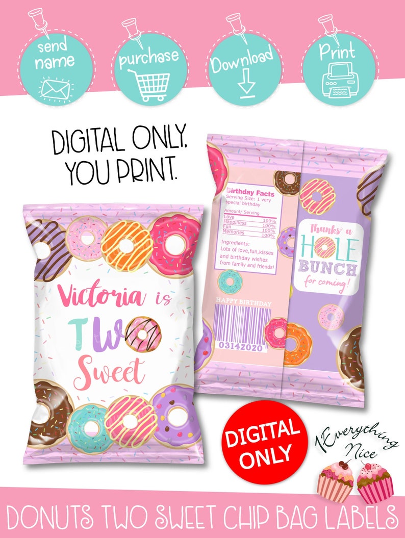 DIGITAL DOWNLOAD Donut Donuts Two Sweet Birthday Chip Bag Labels ...