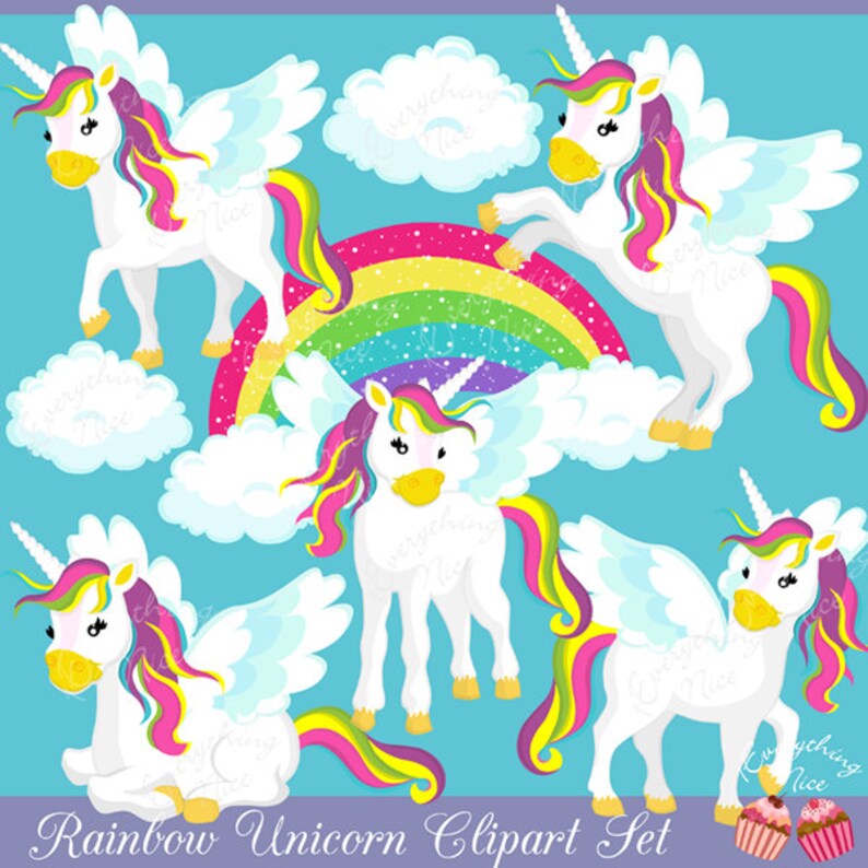 Rainbow Unicorns Clipart Set | Etsy