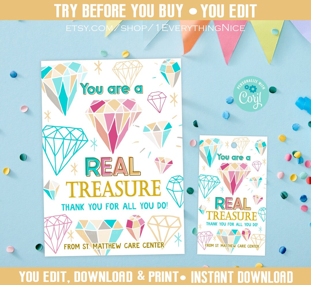 You Are A Real Treasure Appreciation Card & Tag | School Teachers Staff ...