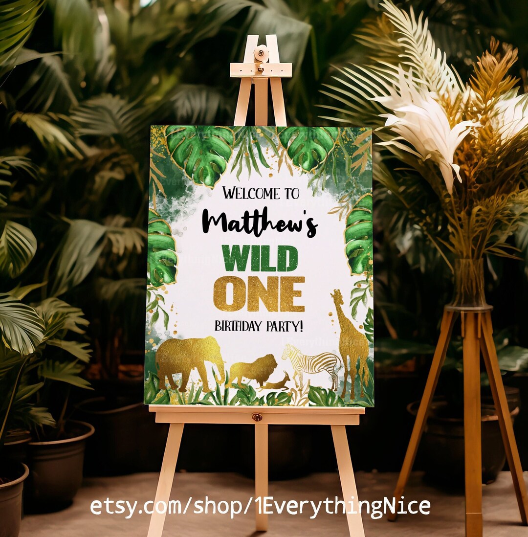 Wild One Safari Animals Gold Green Two Wild Welcome Signs V2 Birthday ...