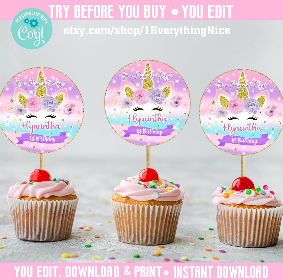 Magical Unicorn Birthday Party Theme Cupcake Topper Toppers Printable ...