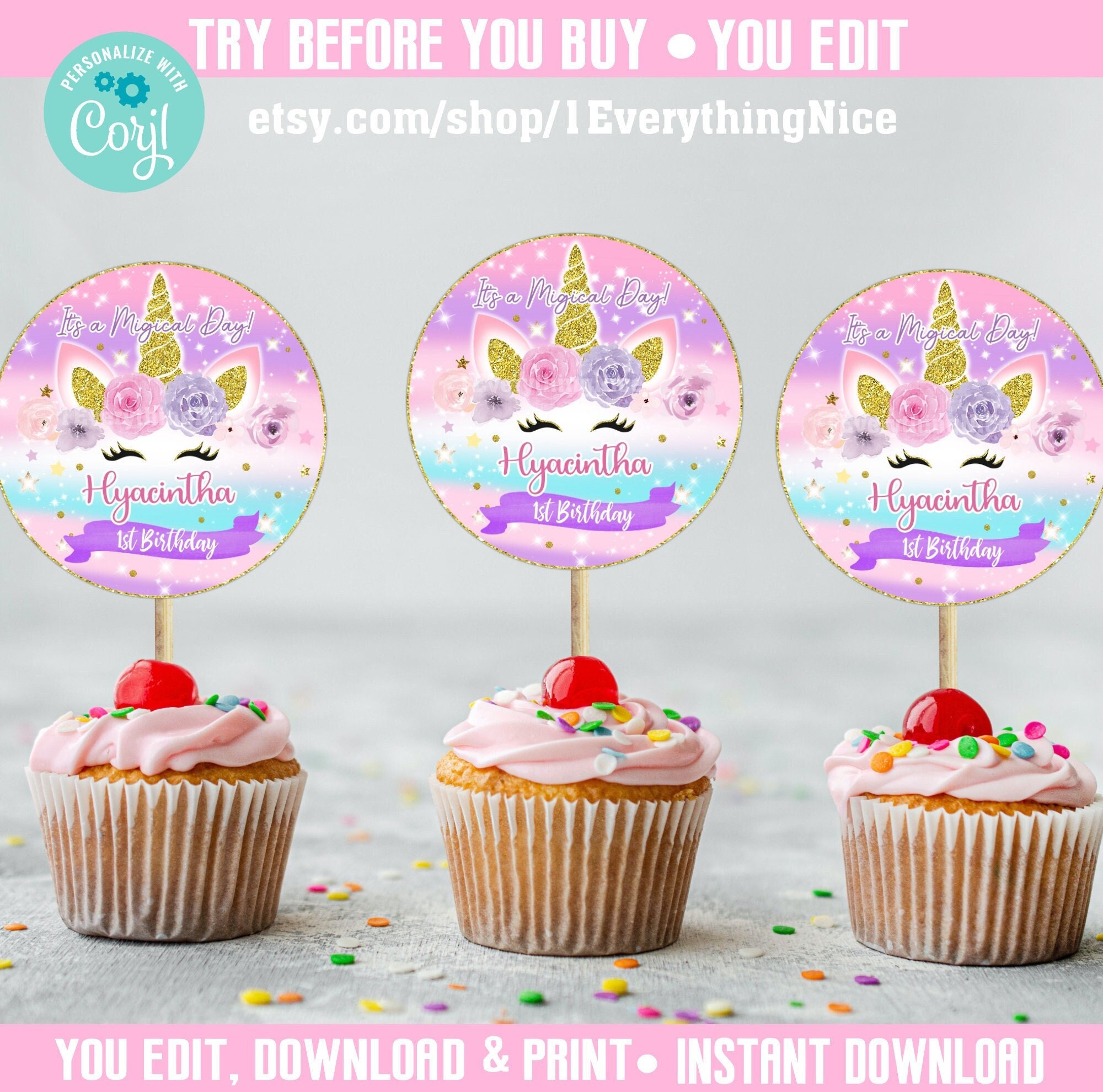 Magical Unicorn Birthday Party Theme Cupcake Topper Toppers Printable ...
