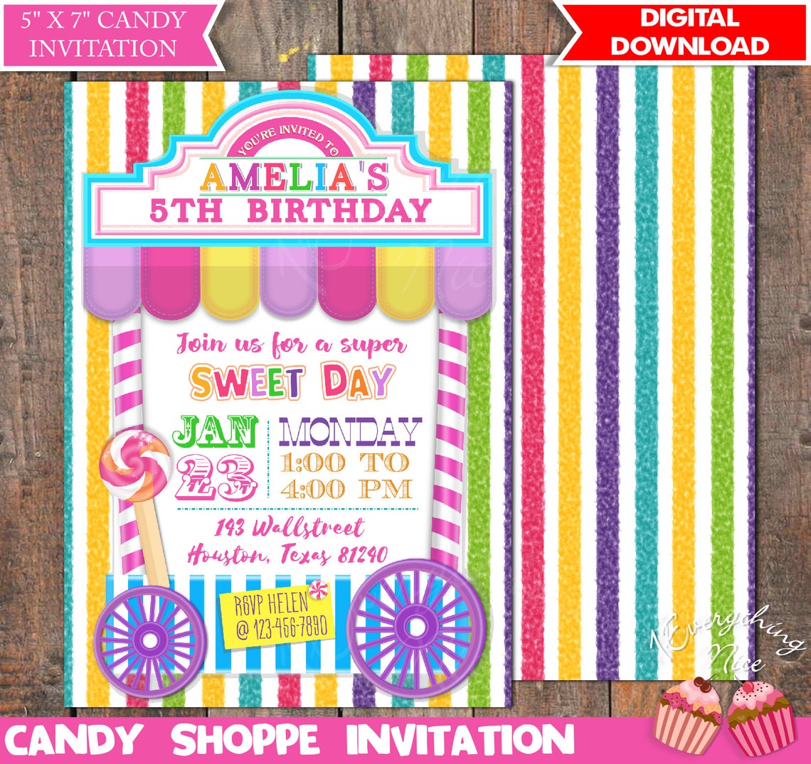 Candy Sweet Shoppe Theme Birthday Invitation With Backside and - Etsy