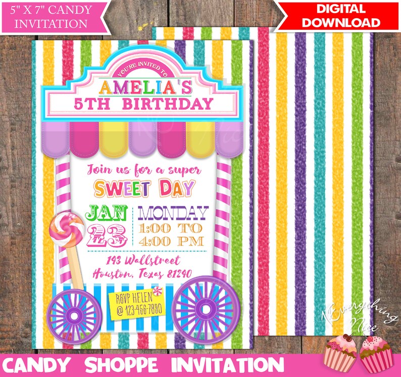 Candy Sweet Shoppe Theme Birthday Invitation With Backside and | Etsy