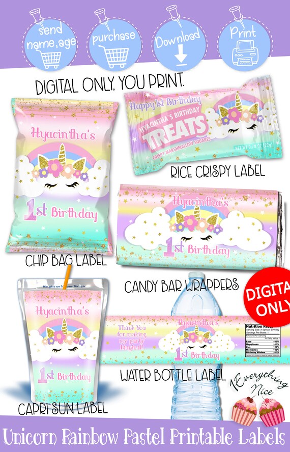DIGITAL DOWNLOAD Unicorn Unicorns Rainbow Pastel Theme Birthday ...