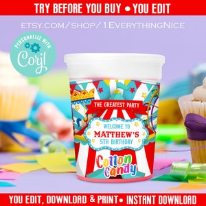 Carnival Circus 2oz Cotton Candy Tub Label Editable Instant DIGITAL ...