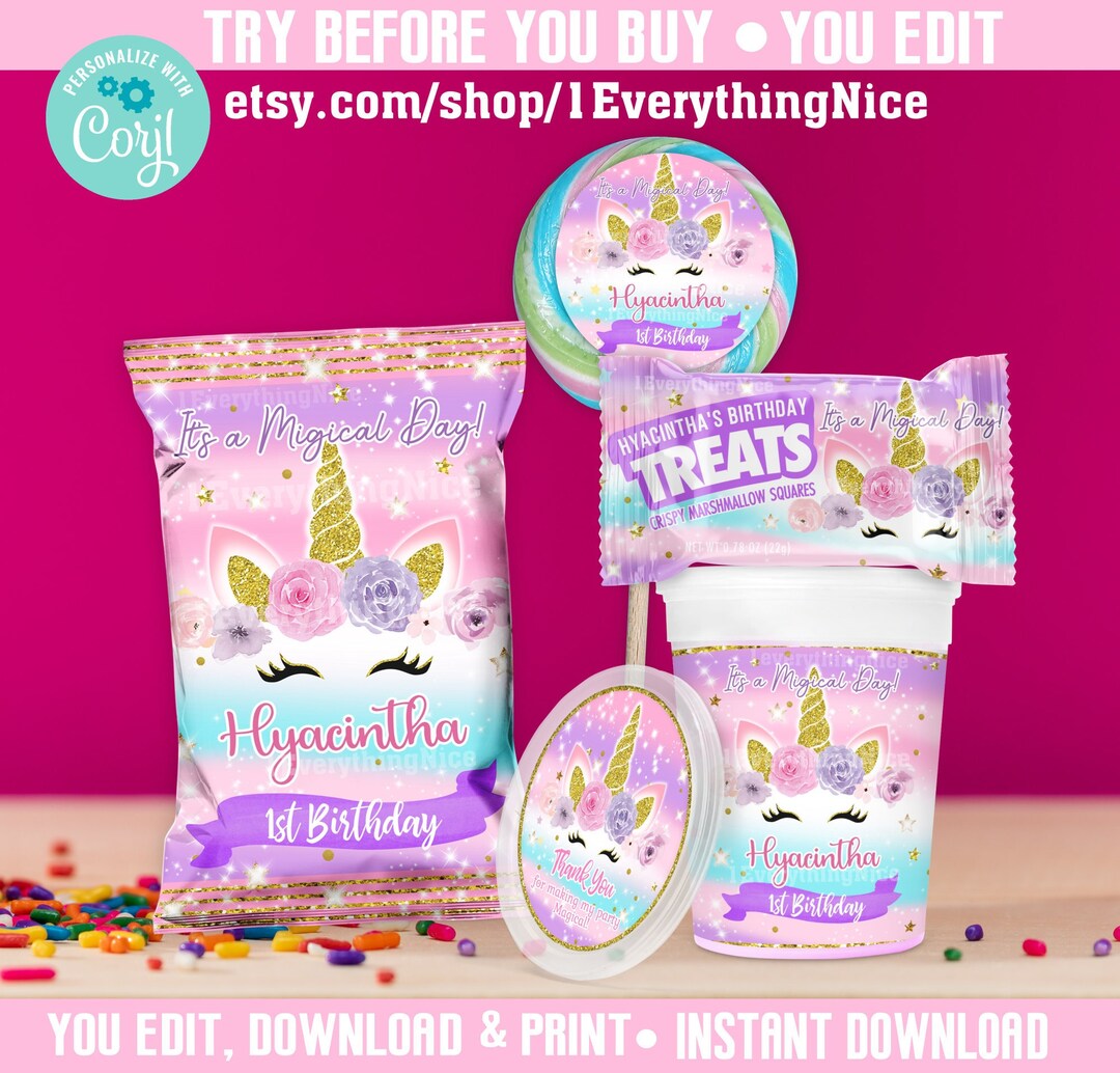 Magical Unicorn Birthday Party Favors Wrappers and Labels Bundle Set 5 ...