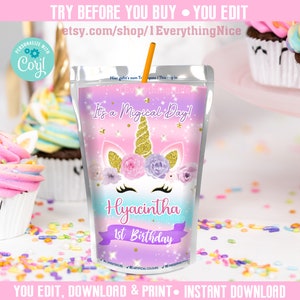 Magical Unicorn Theme Birthday Party Favors Wrappers and Labels Bundle ...