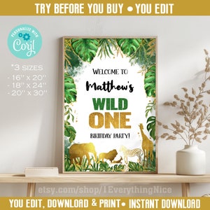 Wild One Safari Animals Gold Green Two Wild Welcome Signs V2 Birthday ...