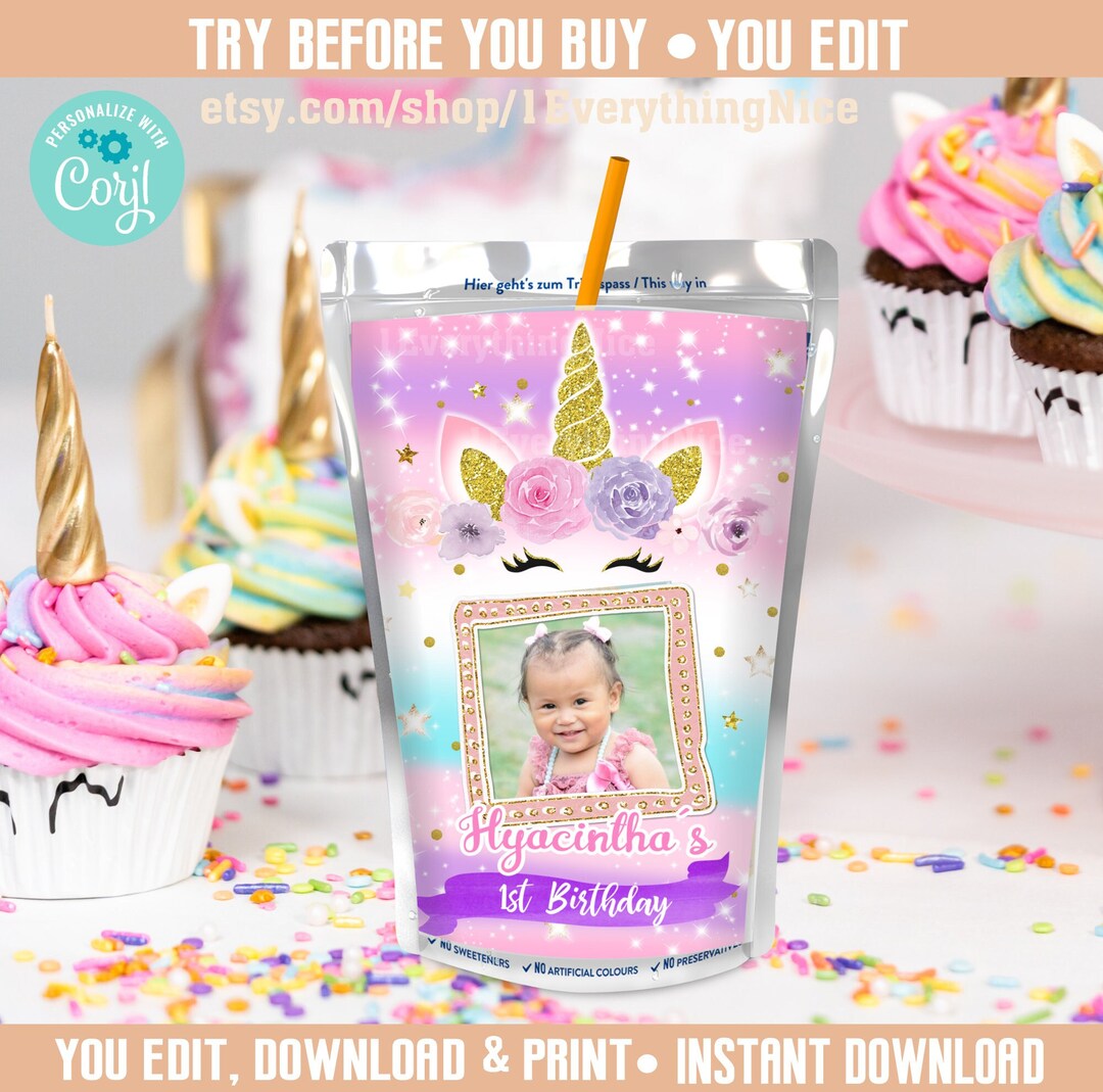 Unicorn Pastel Colors Birthday Theme Juice Pouch Label Wrapper ...