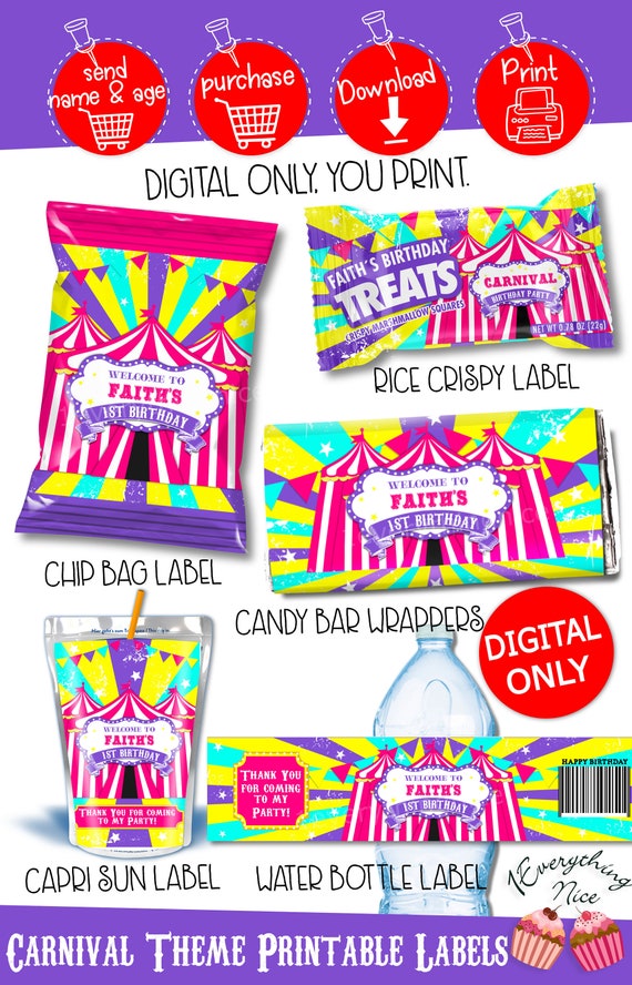Circus Carnival Theme Birthday Digital Printables Labels Personalized ...
