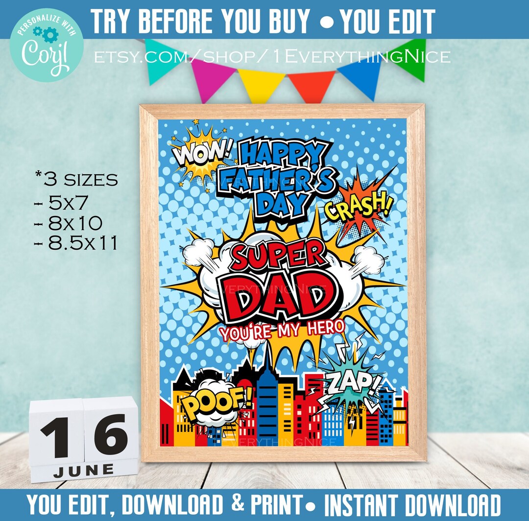 Super Dad Happy Father's Day Poster Signs Editable Instant Digital ...