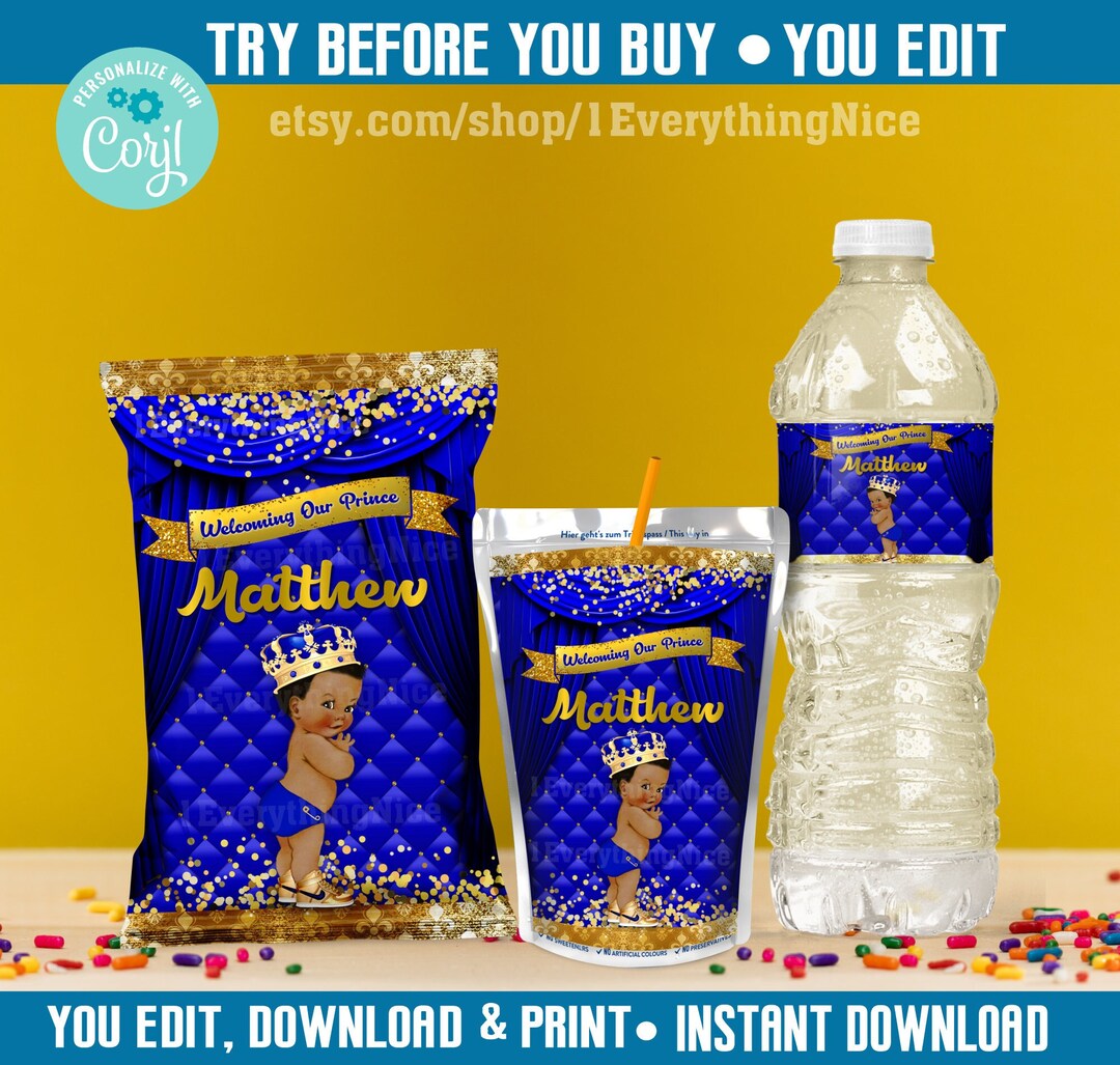 Royal Blue Gold Prince Baby Shower Theme Wrappers and Labels Bundle Set ...