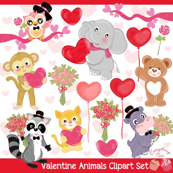 Love Valentine Animals Clipart Set | Etsy