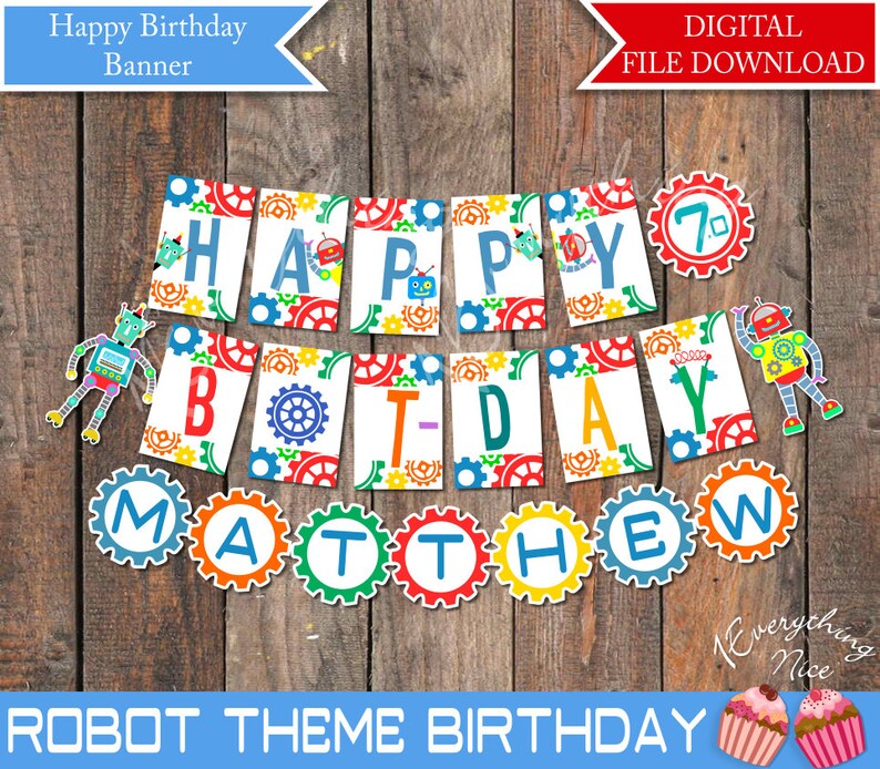 Robot Theme Happy Birthday Bot-day Banner With Name Printable | Etsy