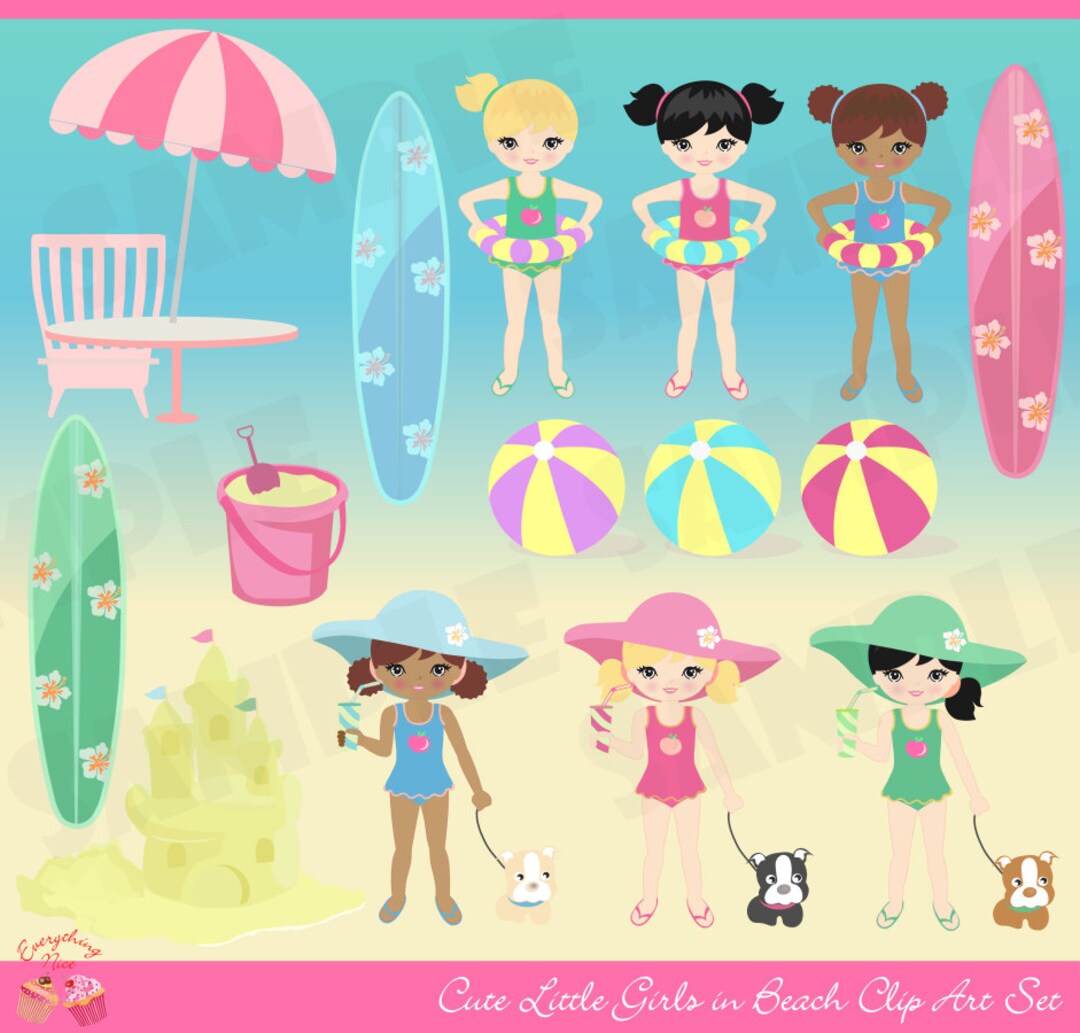 Cute Girls on the Beach Clip Art Set - Etsy