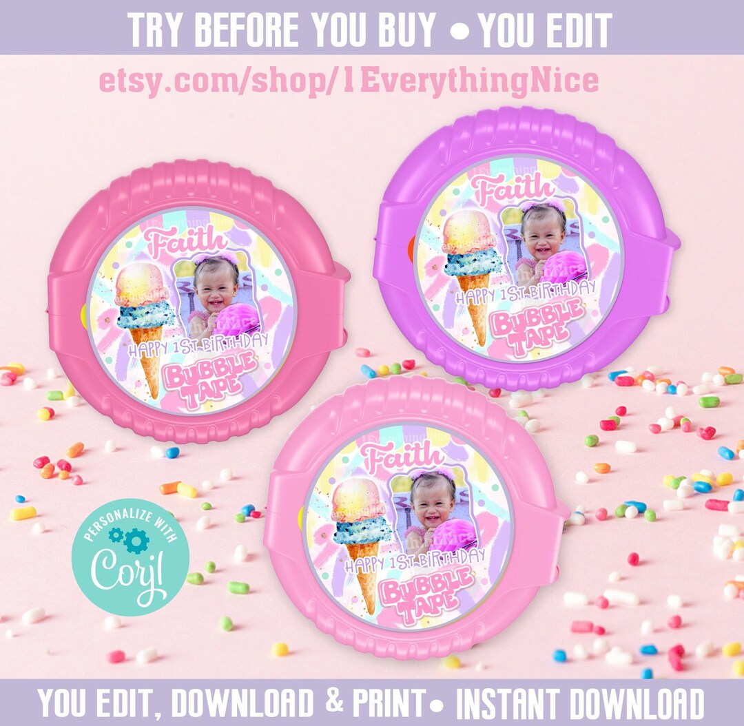 Ice Cream Pastel Theme Birthday Party Favors Bubble Gum Tape Label ...