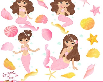 Mermaids with Brown Hair Clipart Set