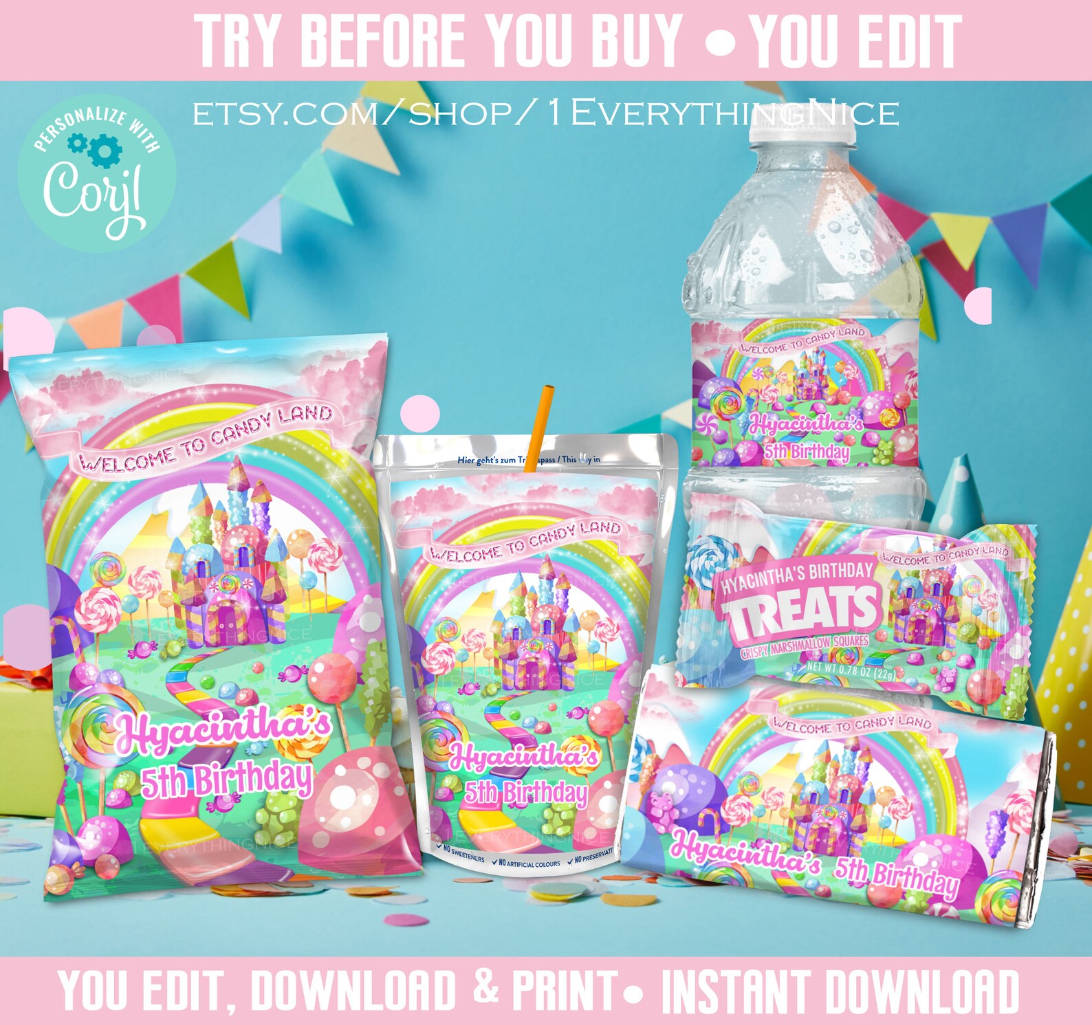 Pastel Editable DIGITAL DOWNLOAD Candy Land Candyland Birthday Baby ...