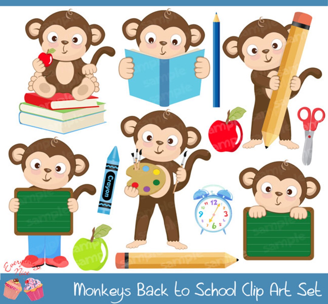 Monkeys Back to School Clipart Set - Etsy