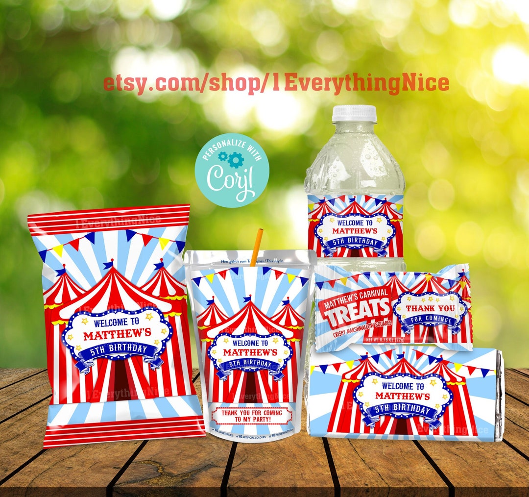 Circus Carnival Red and Blue Theme Editable DIGITAL Wrappers & Labels ...