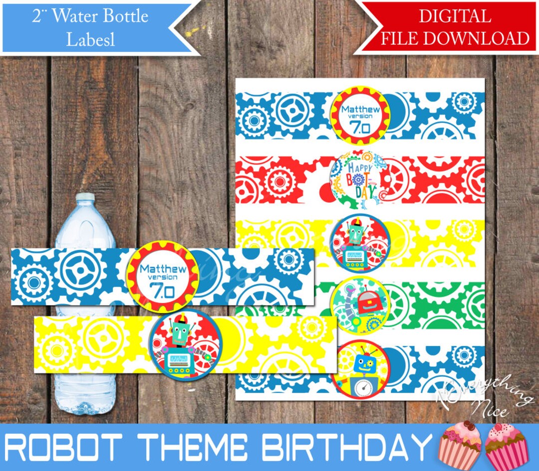 Robot Theme Water Bottle Labels Wrappers Printable Digital Download - Etsy
