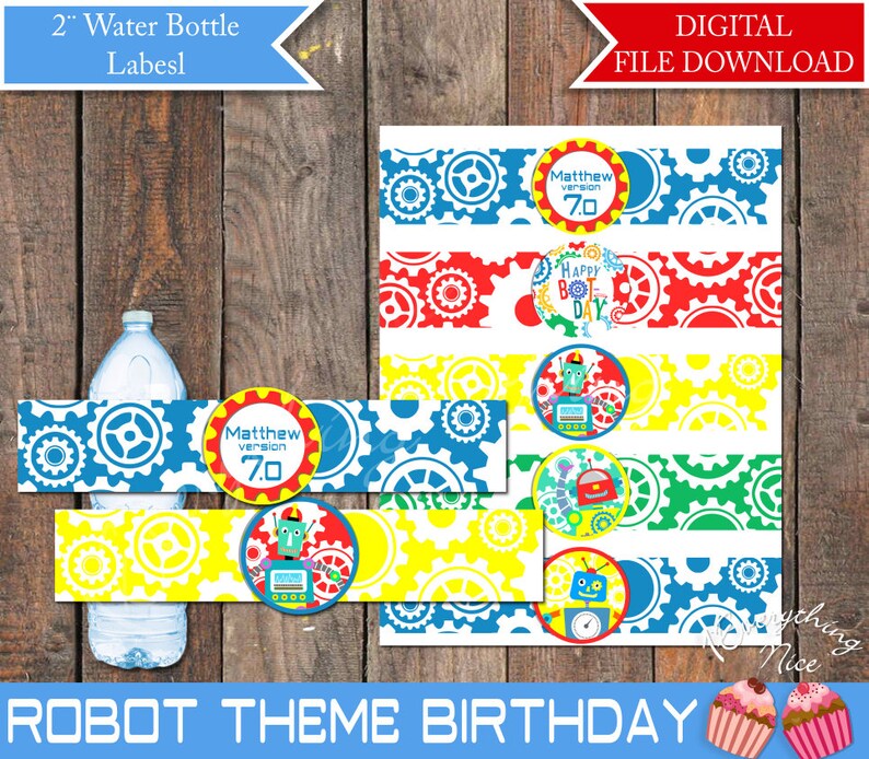 Robot Theme Water Bottle Labels Wrappers Printable Digital Download - Etsy