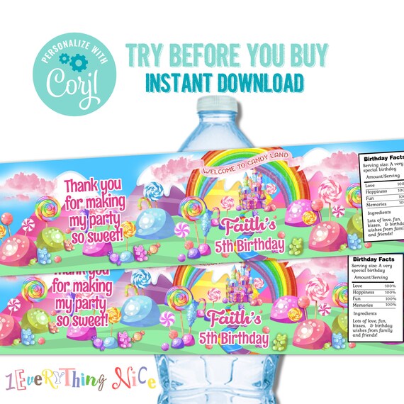 Editable DIGITAL DOWNLOAD Candy Land Candyland Birthday Party Water ...