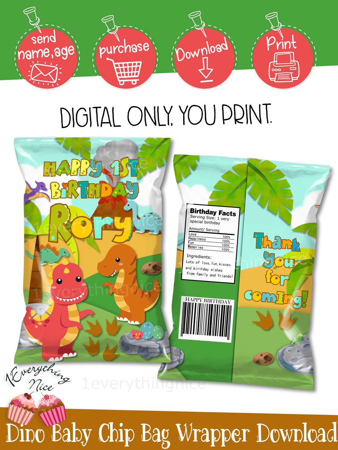 DIGITAL DOWNLOAD Dino Baby Dinosaur Theme Chip Bag Wrappers Labels ...