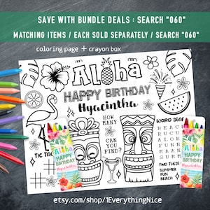 Summer Aloha Birthday Party Coloring Placemat Activity Sheet Page ...