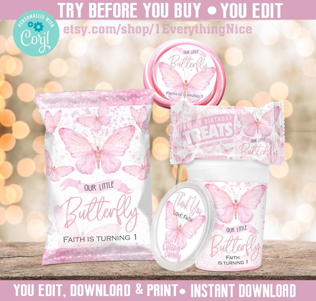 Pink Butterfly Butterflies Theme Wrappers and Labels Bundle Set 5 ...