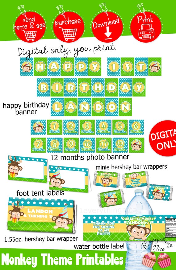 DIGITAL DOWNLOAD Monkey Theme Birthday Digital Printable Set Bundle ...