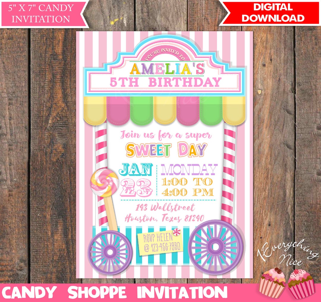 Candy Sweet Shoppe Theme Pink Birthday Invitation and Thank You Card - Etsy