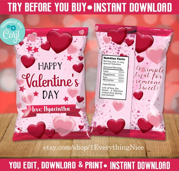 Editable DIGITAL DOWNLOAD Valentines Valentine Day Birthday Chip Bag ...