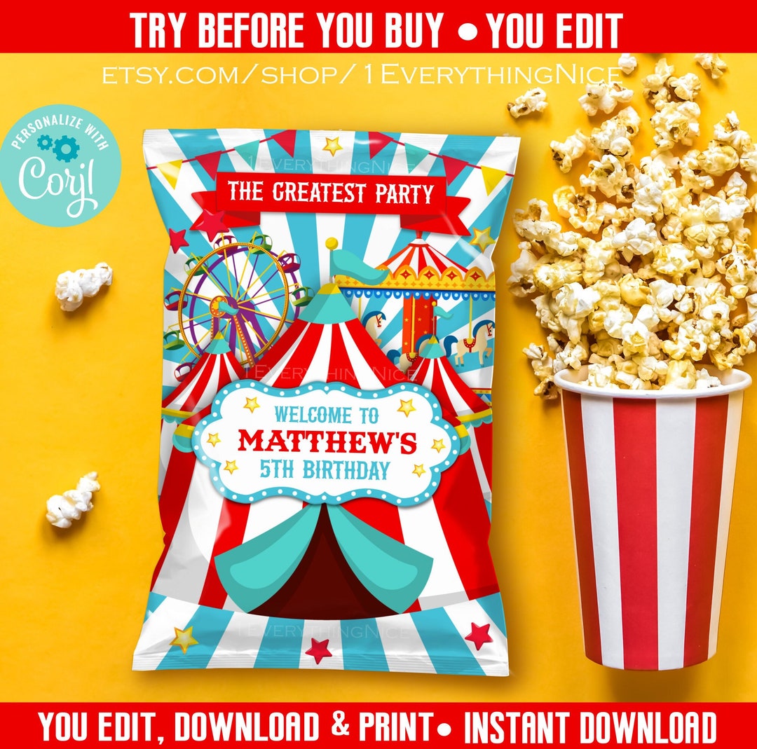 Carnival Circus Editable Chip Bag Wrapper Digital DOWNLOAD Birthday ...