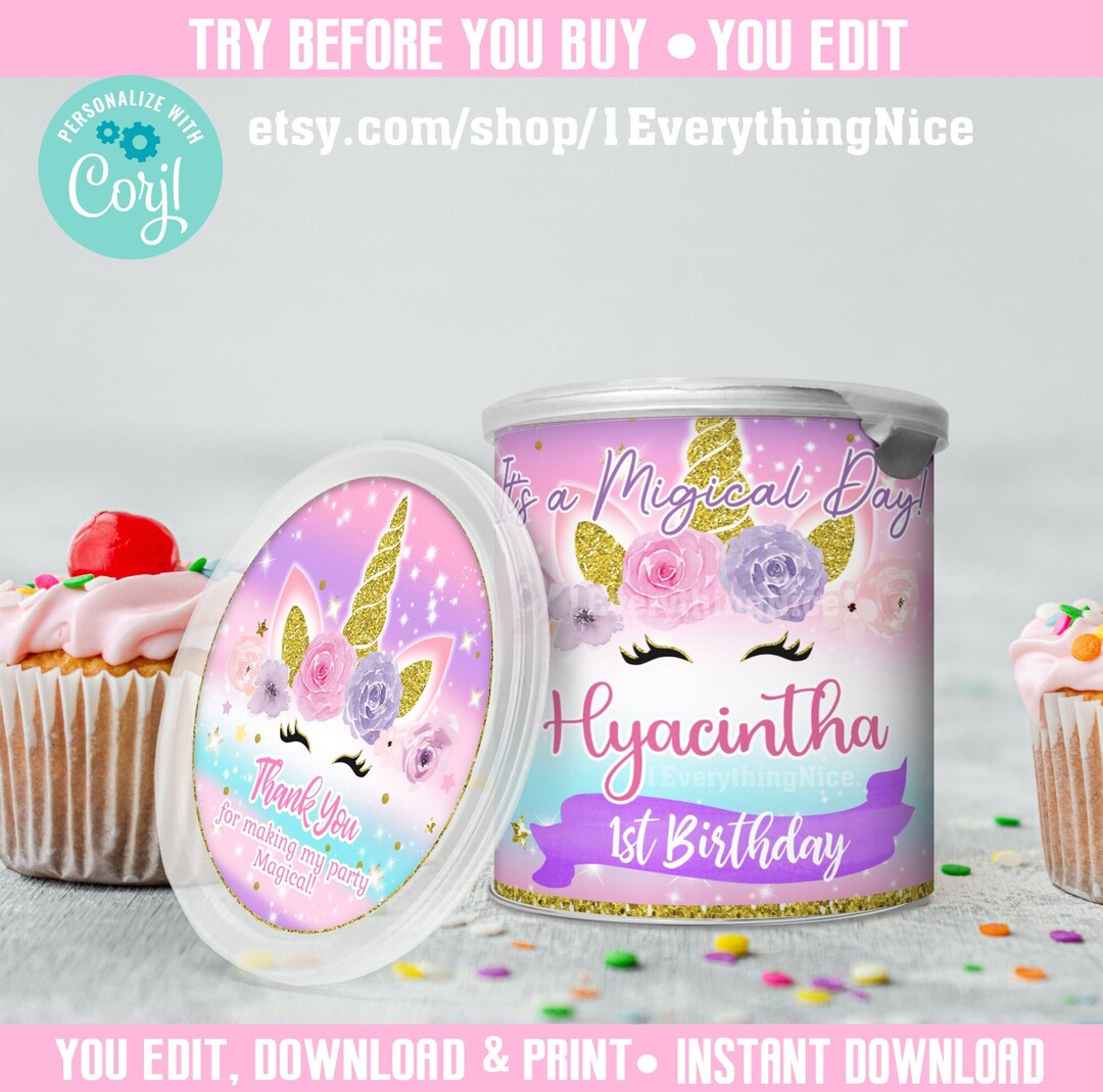 Magical Unicorn Birthday Party Theme 1.3oz Potato Chips Can Label ...
