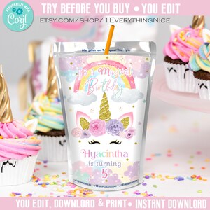 Editable DIGITAL Instant DOWNLOAD Magic Magical Unicorn Pastel Birthday ...
