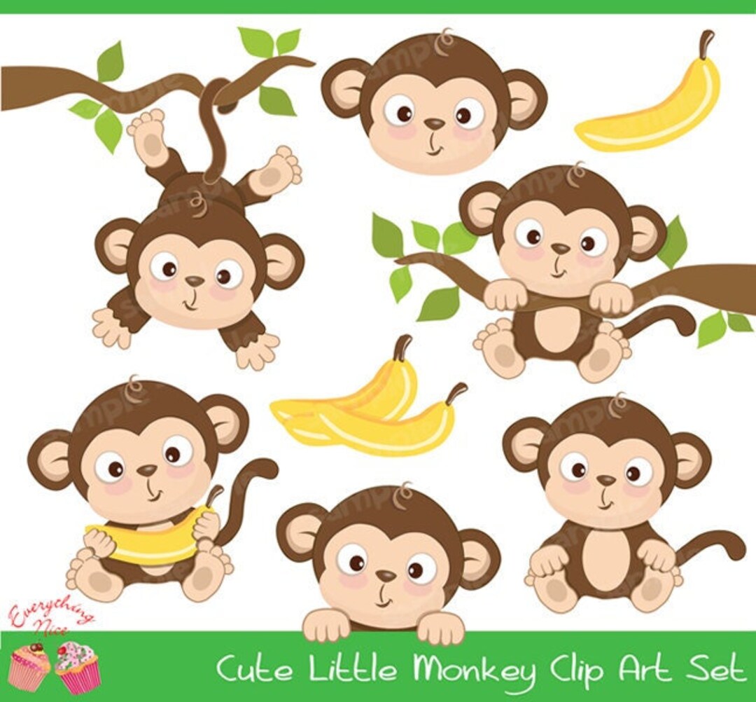 Cute Little Monkey Monkeys Happy Fun Graphic Illustration Clipart Set ...